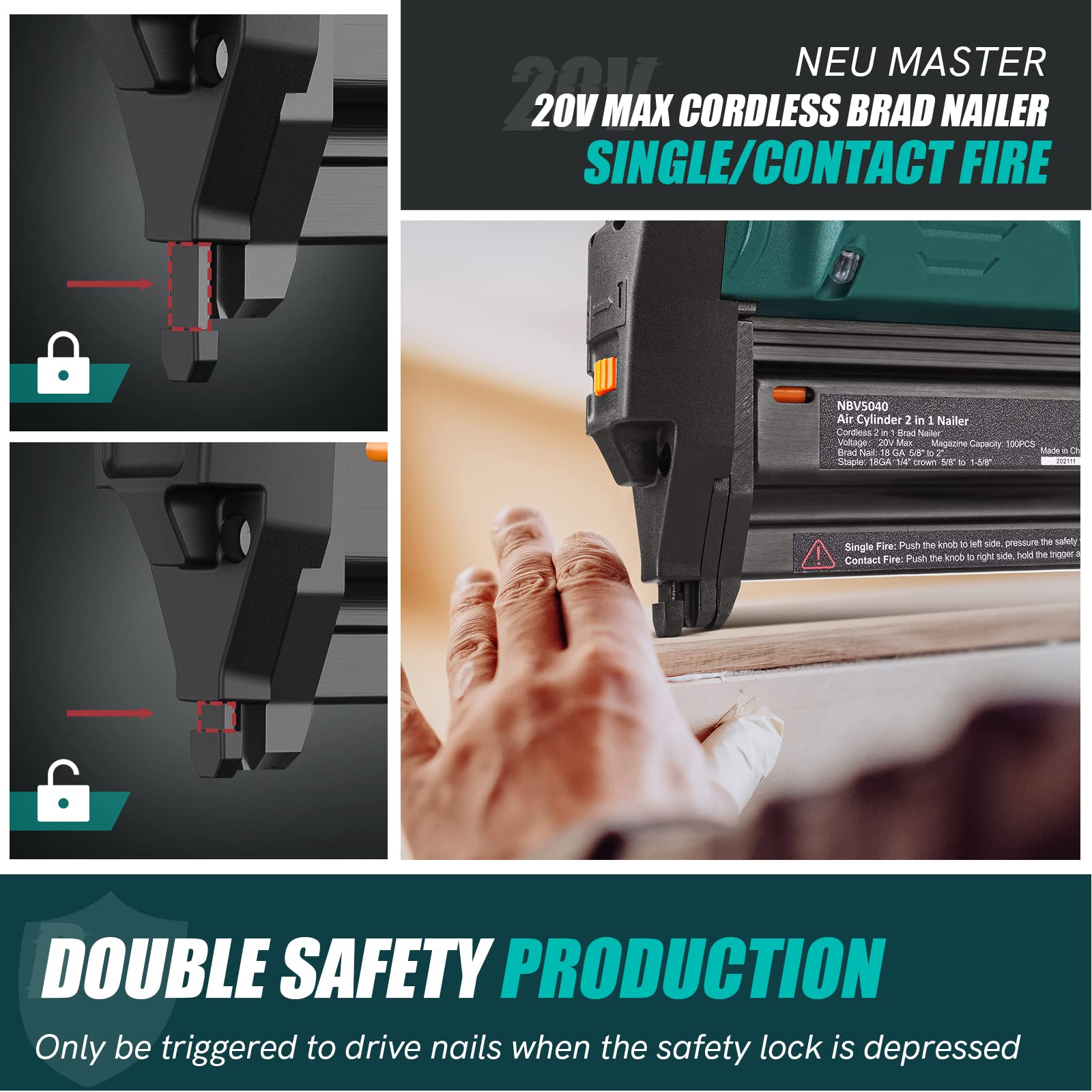 NEU MASTER Nail Gun Battery Powered, 18 Gauge 2 in 1 Cordless Brad Nailer/Staple Gun with 2.0Ah Li-ion Battery, 1000pcs Nails and 500pcs Staples Included, for Home Improvement, Woodworking