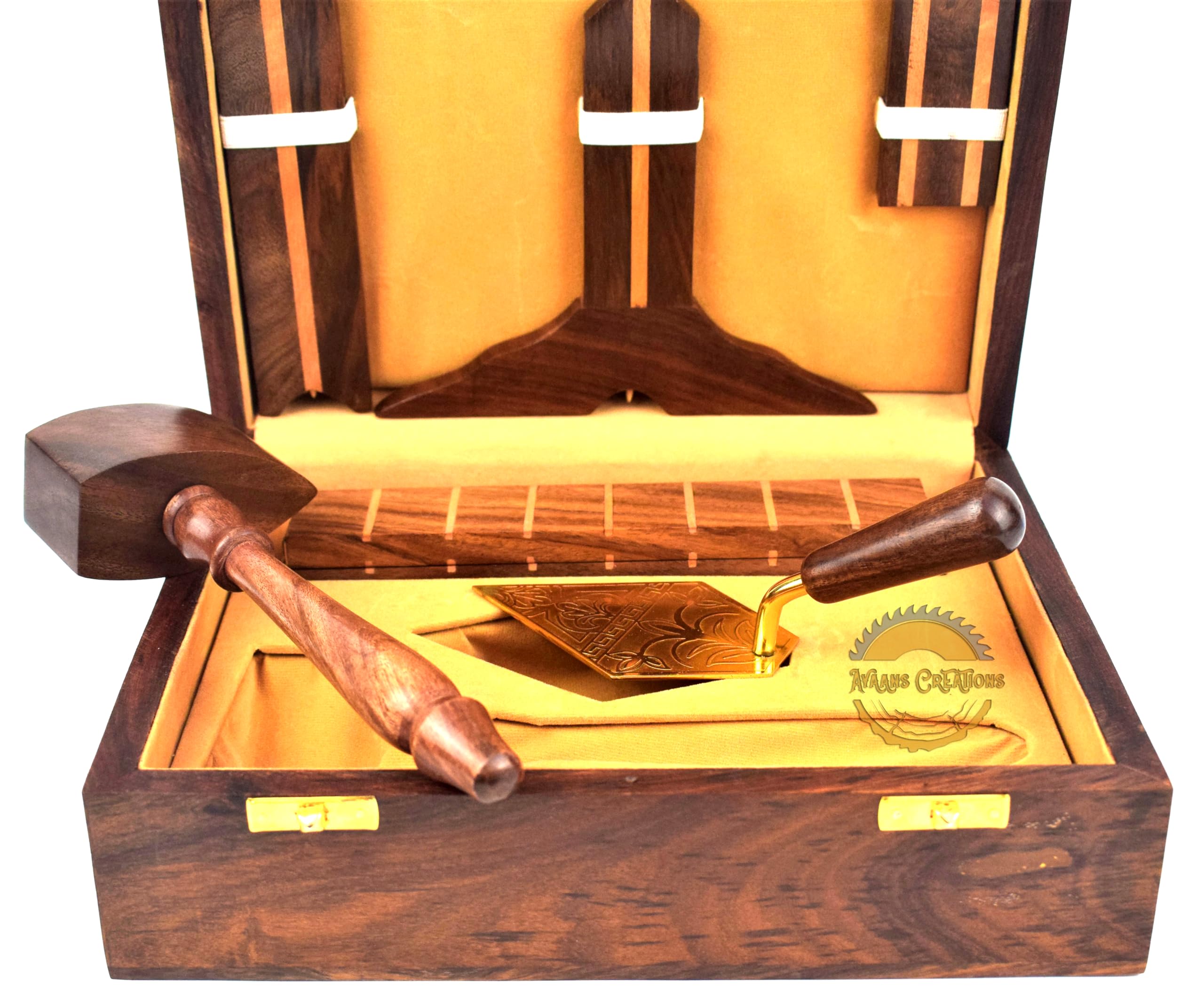 Wooden Masonic Plumb Square And Rule Wooden Masonic Working Tools set with Golden Color Plated trowel Fully Classic Creamy Theme by AYAANS (Cream Theme)