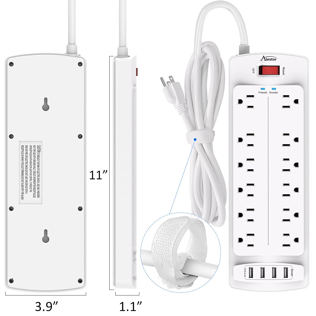Power Strip,ALESTOR Surge Protector with 12 Outlets and 4 USB Ports, 6 Feet Extension Cord (1875W/15A) for for Home, Office, Dorm Essentials, 2700 Joules, ETL Listed (White)…