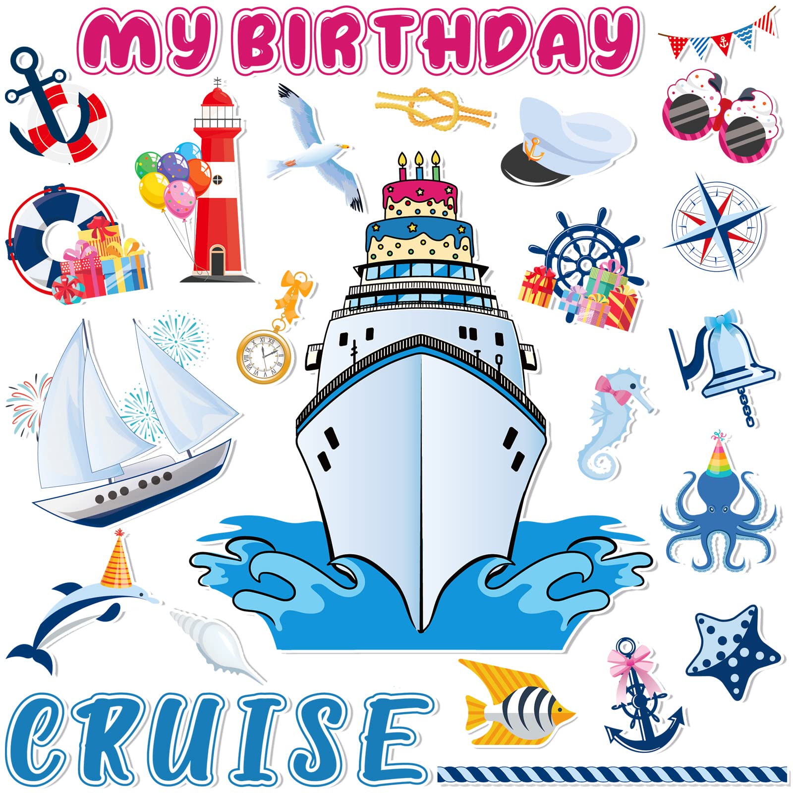 Lounsweer 24 Pcs Cruise Door Decorations Funny Cruise Door Magnet Magnetic Anchor Cruise Ship Decorations Fridge Magnet Decal for Cabin Door Stateroom Car Refrigerator (Birthday)