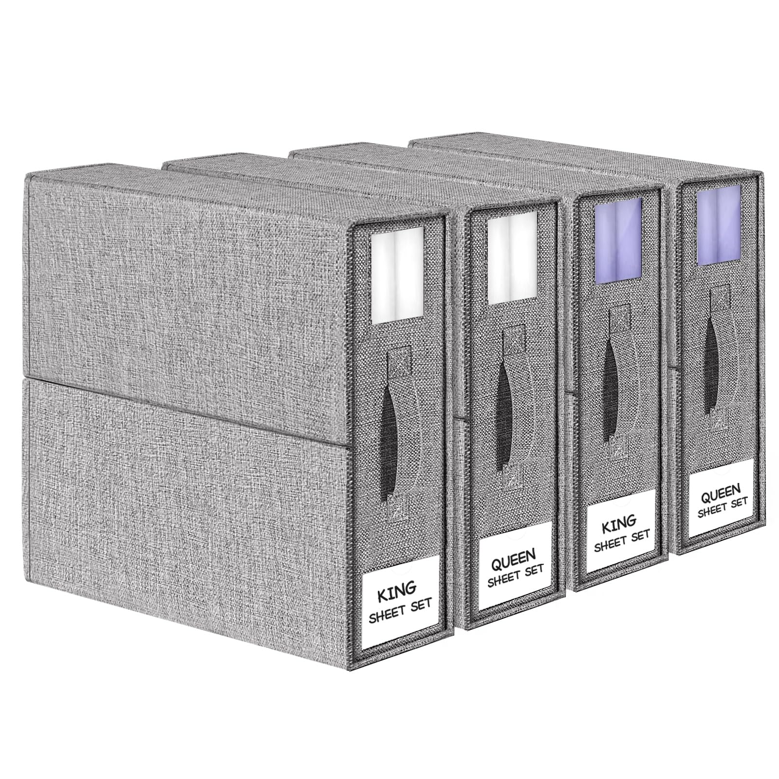 YUOROS 4 Pack Bed Sheet Organizers and Storage (Queen or King Size)， Linen Closet Storage Organizer for Bedding, Duvet Covers and Pillowcases with Window (4 Pack, Grey)