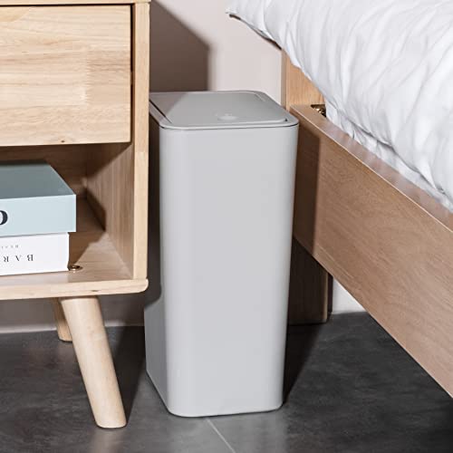 TrashAid Bathroom Trash Can with Lid,2.6 Gallon / 10 Liter Small Garbage Can with Press Top Lid,Plastic Wastebasket with Pop-up Lid for Toilet,Office,Bedroom,Living Room,Grey (AMZUSIJS01GRY040012)