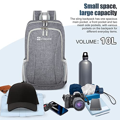 ZOMAKE 10L Ultra Lightweight Backpack:10L Hiking Backpacks - Small Light Weight Back Pack Outdoor Hiking Day Pack for Women Men (Grey)
