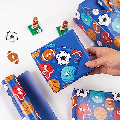 WRAPAHOLIC Reversible Wrapping Paper - Mini Roll - 17 Inch X 33 Feet - Ball Design with Solid Blue Design for Birthday, Holiday, Baby Shower