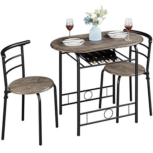 Topeakmart 3-Piece Round Dining Table Set, Kitchen Breakfast Table and Chairs Set for 2, Space Saving Table Set with Steel Legs, Storage Rack for Kitchens, Dining Room, Outdoor bar, Drift Brown