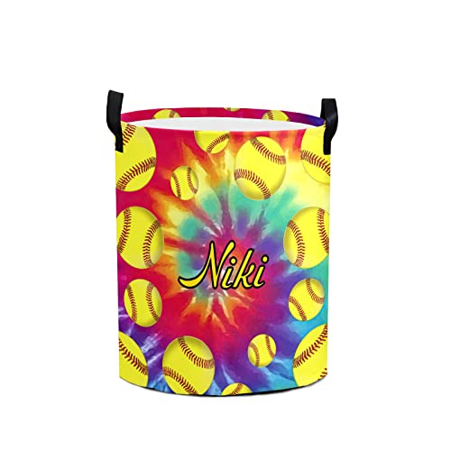 Tie Dye Softball Laundry Basket Personalized with Name Laundry Hamper with Handle Organizer Storage Bin Bedroom Decor for Boys Girls Adults