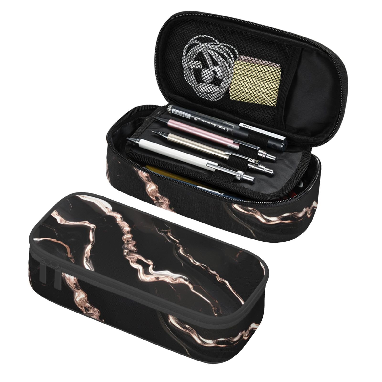 QHWLR Black rose gold Marble print Pencil Case Large Capacity Pen Pouch for interlayer Adults Cosmetic Bag Supplies 