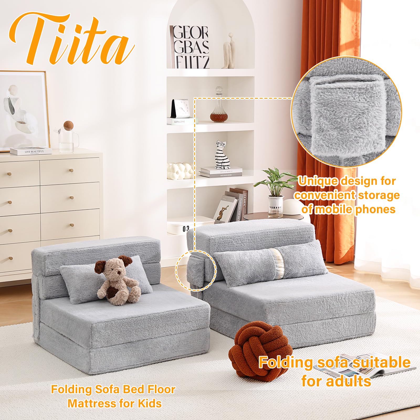 Tiita Folding Sofa Bed Couch, Single Size Foldable Futon Chair Bed with Pillow, Folding Sleeper Sofa Chair Bed Floor Mattress for Guest Room, Living Room, Black