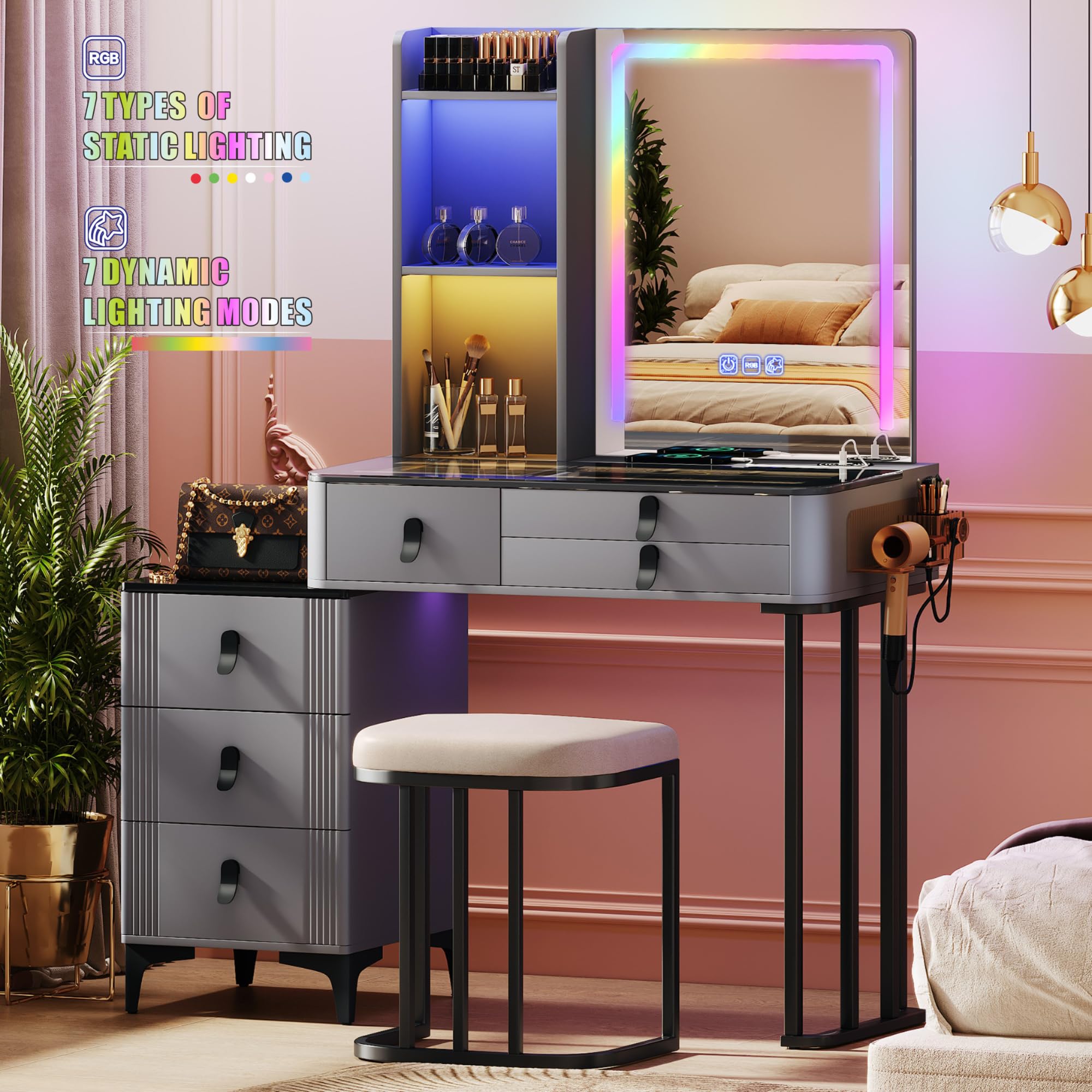 Vanity-with-Mirror-and-Lights Makeup Desk - White Dressing Table Set with Chair Glass Desktop Charging Station 6 Drawers 3 Open Storage Shelves