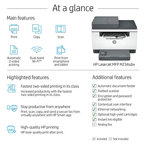 HP LaserJet MFP M234sdw Wireless Monochrome All-in-One Printer with built-in Ethernet & fast 2-sided printing, Instant Ink ready (6GX01F) (Renewed)