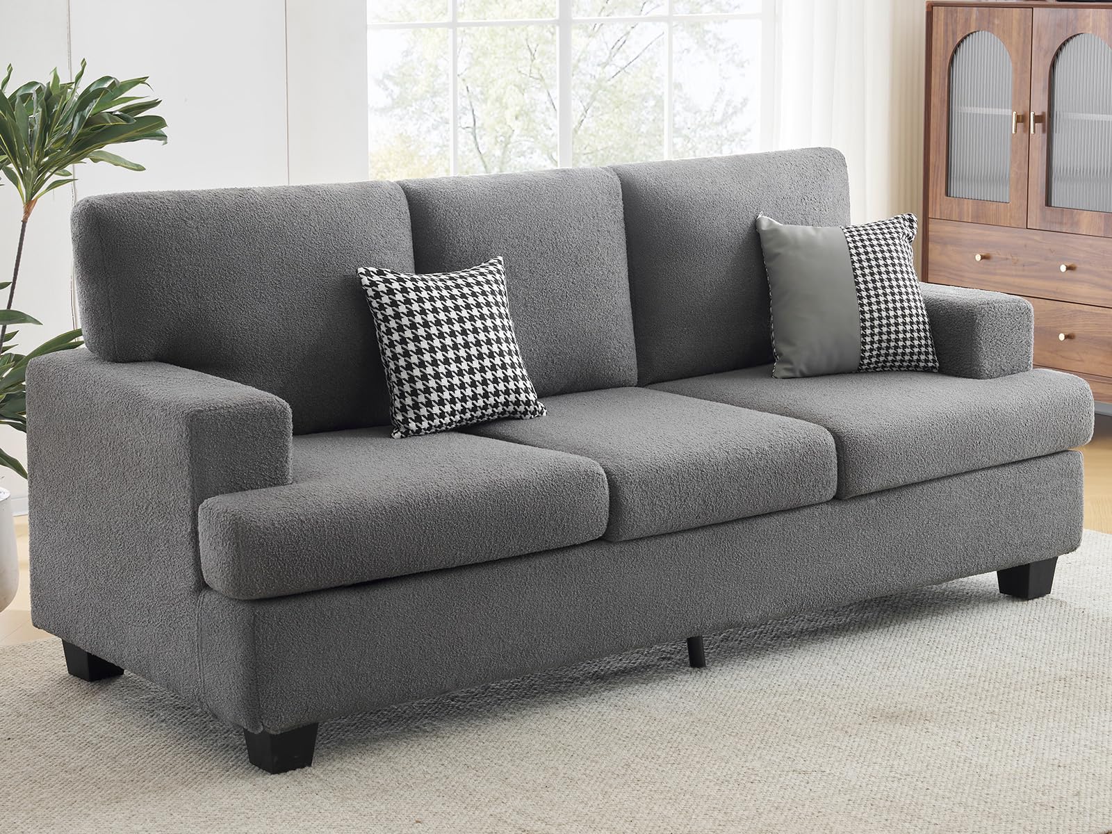 SENYUN 3-Seater Sofa Couch,Comfy Couch with Upholstered Cushions & Square Armrest,Modern Sofa with Deep Seats, Bouclé Home Sofa Couches for Living Room,Apartment,Bedroom,Office(Grey)