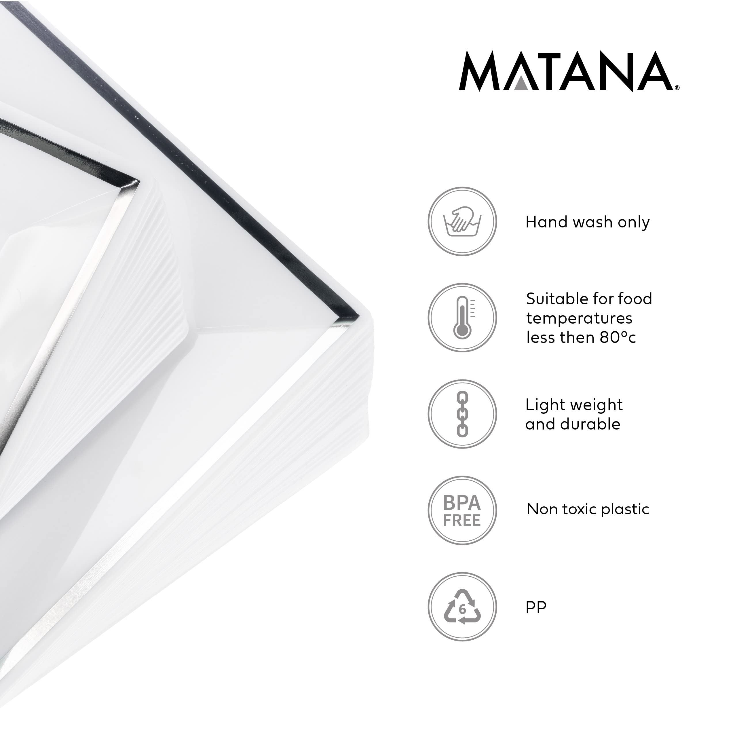 MATANA 40 Fancy White Plastic Plates for Party with Silver Rim - Heavy Duty Square Dinner Plates 9.5" Inch x 20, Salad & Dessert Plates 6.5" Inch x 20 for Wedding Reception, Birthday Parties & Events