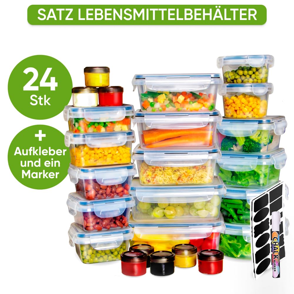 WOWZILLA 24Pcs Plastic Food Storage Containers with lids with Labels & Pen- Comes with Sauce Cups, BPA Free Food Containers, Leakproof Meal-Prep Containers for Kitchen Storage, Dishwasher Safe, Set