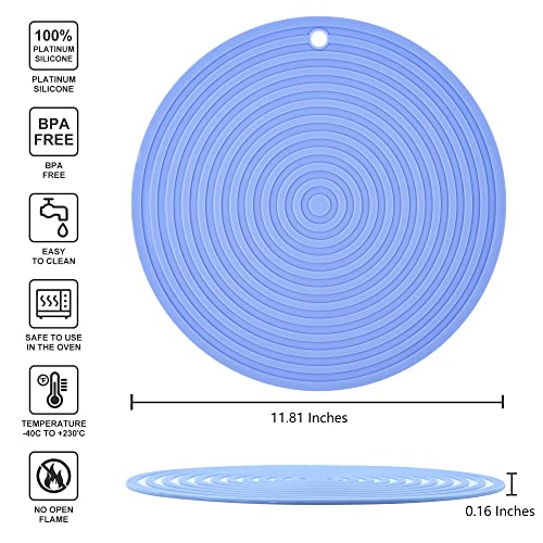 Viwehots Blue Silicone Trivets Mats for Hot Pots and Pans, Heat Resistant Mats Pot Holders, Flexible Hot Pads for Kitchen Table, Non Slip Silicone Mats, Dia11.81 Big Round Microwave Cover Mats Set 2