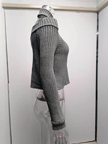 Women's Cold Shoulder Halterneck Sweater Crossed V- Neck Crop Halter Knit Pullover Off Shoulder Long Sleeve Knitted Top (Grey,Medium)