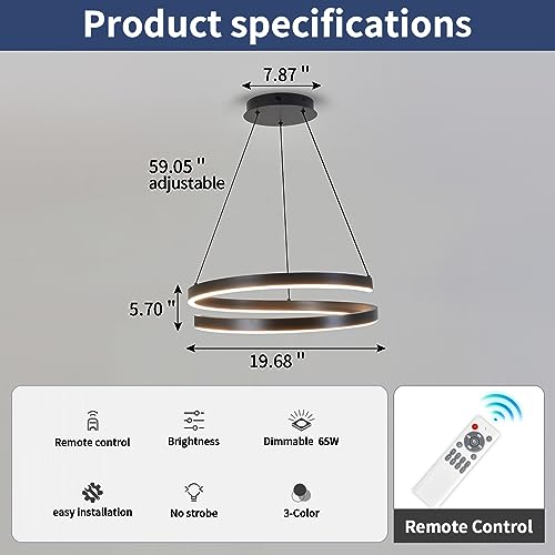SHIKHO Modern LED Pendant Light Fixture Remote Control Dimmable 3000-6000K Black Chandelier Adjustable Hanging Light for Living Room Dining Room Kitchen Island Bedroom Foyer