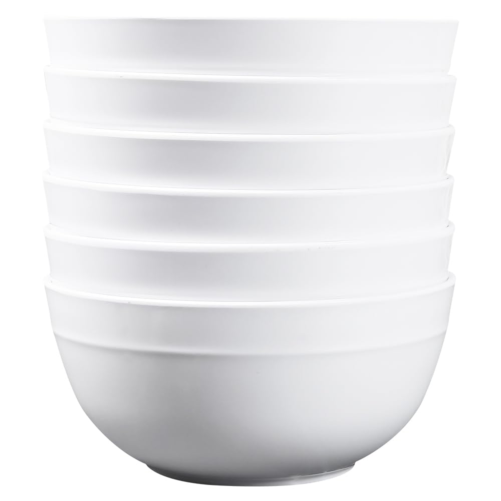 Lechoo Melamine Cereal Bowls - 23oz White Dinnerware Soup Bowls, Set of 6,Unbreakable 6PCS Salad Bowls,Dishwasher Safe,White