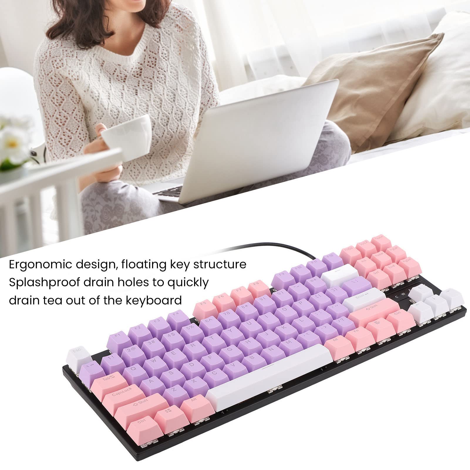 Septpenta Red Switch Mechanical Keyboard, 87 Keys Ergonomic Mechanical Gaming Keyboard, 26 RGB Lighting Effects, Full Key Conflict Free Design with Splash Proof Drainage Holes(Purple Pink White)
