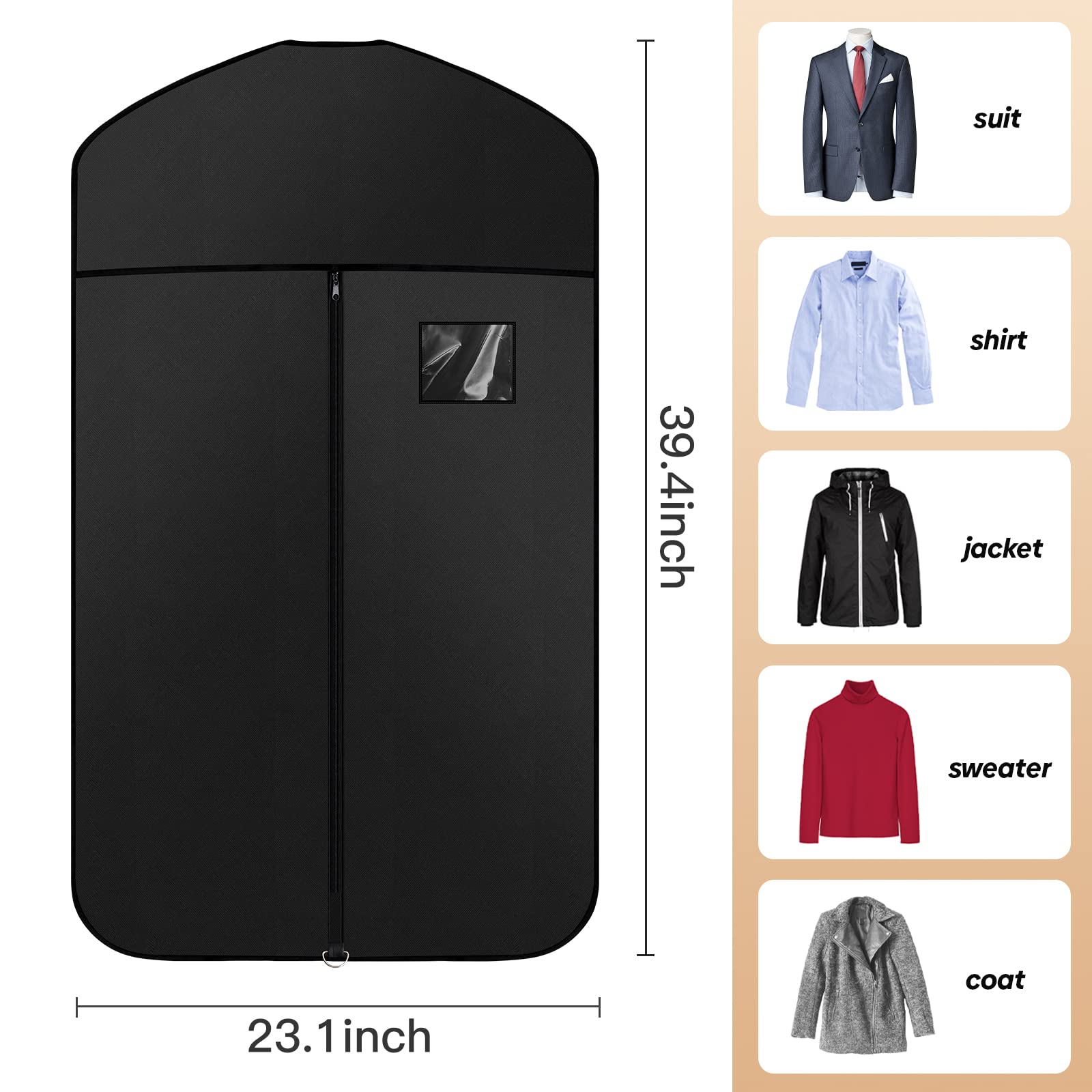 Vodiver Premium Oxford Fabric Garment Bag Hanging Clothes Travel Suit Bag with Clear Window for Suits, Coats, T-Shirts, Jackets. (Black, 40-inch-2 packs)