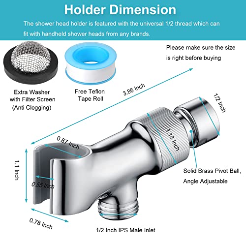 Metal Shower Head Holder for Hand Held Showerhead, Adjustable Shower Arm Mount for Connecting Shower Arm and Shower Hose, Shower Arm Adapter Wand Bracket with Swivel Ball Connector (Polish Chrome)