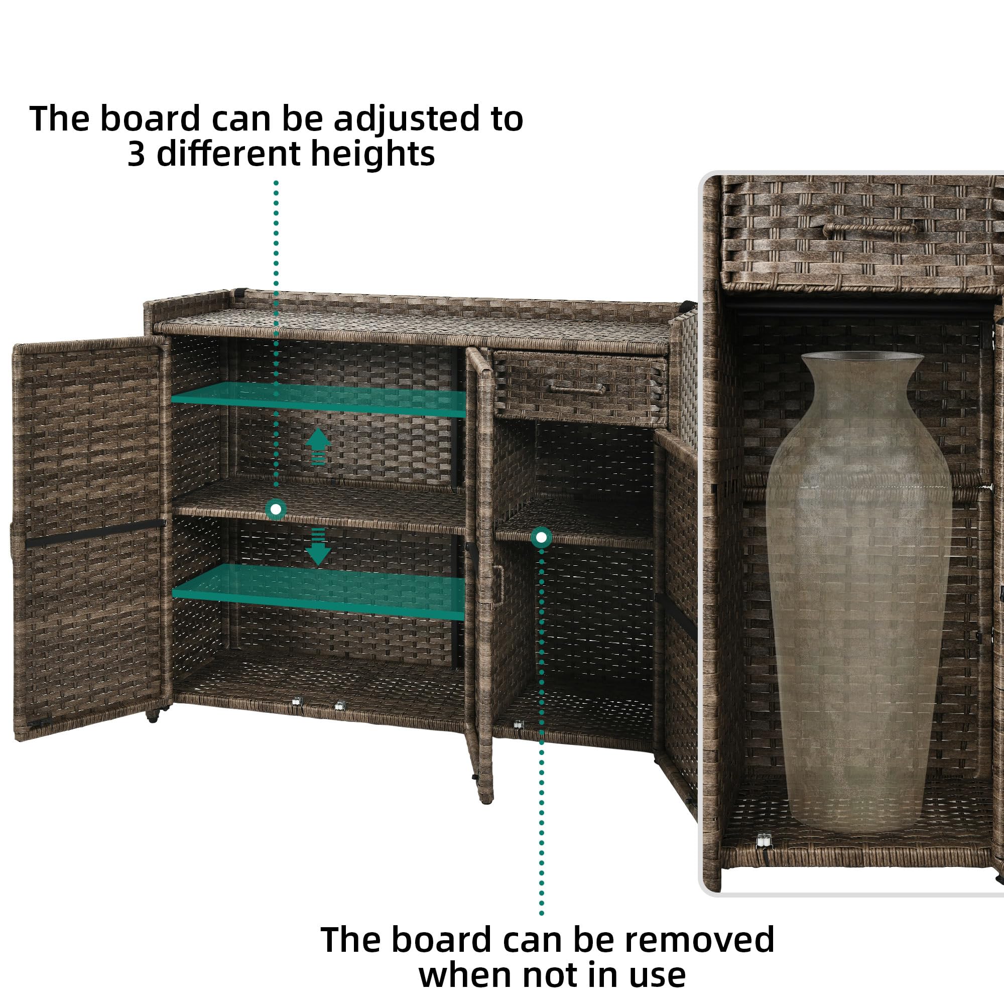 YITAHOME Outdoor Storage Cabinet, Weather-proof Rattan Bar Table with Two Doors, Adjustable Shelves & Foldable Drawer, Wicker Patio Storage Box for Outdoor Cushions, Pool Toys and Garden Tools - Brown