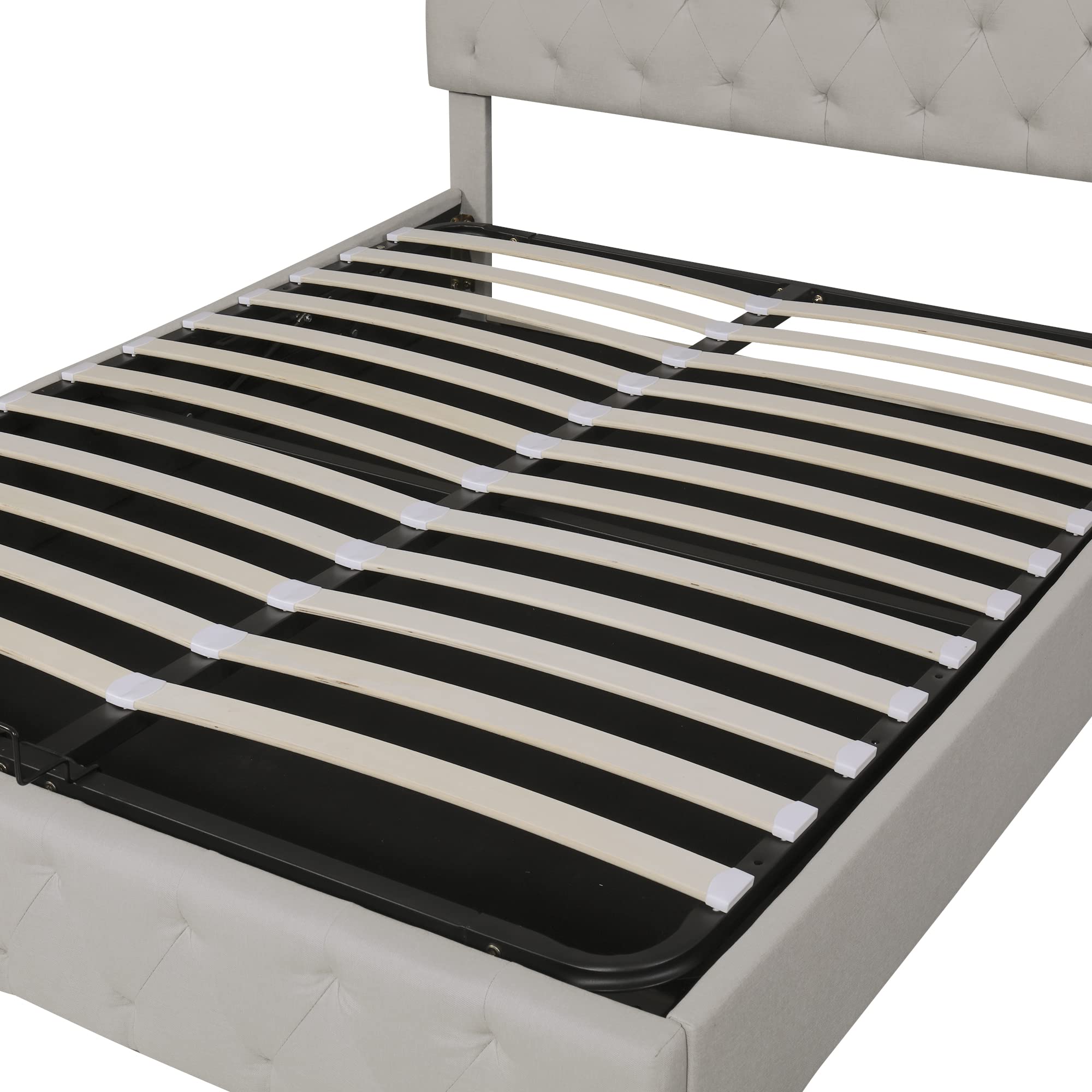 Queen Lift Storage Bed Upholstered Bed, Luxury Bed Frame With LED Light Bluetooth Player And USB Charging,Adjustable Linen Fabric Headboard,Hydraulic Storage Platform Bed For Kids Teen Adults (Beige)