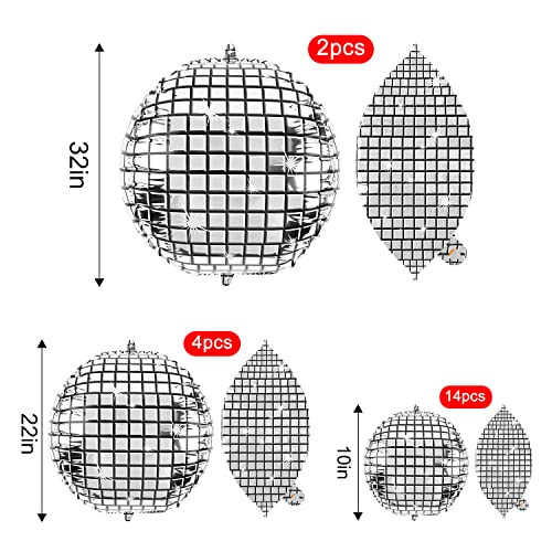 WXJ13 20 Pack Big Disco Ball Balloons for 3 Different Sizes, 32β 22β 10ββ 4D Large Disco Balloons Round Metallic Silver Disco Mylar Foil Balloons for 70s 80s Disco Party Decorations