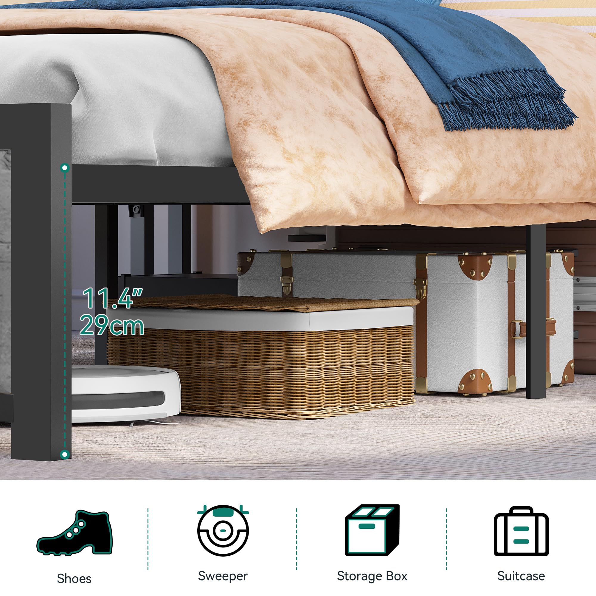 YITAHOME Queen Size Bed Frame,LED Bed Frame with Headboard,USB Ports & Charging Outlets,Metal Platform Bed Frame with 2 Tiers Storage Shelves, No Box Spring Needed, Rustic Brown