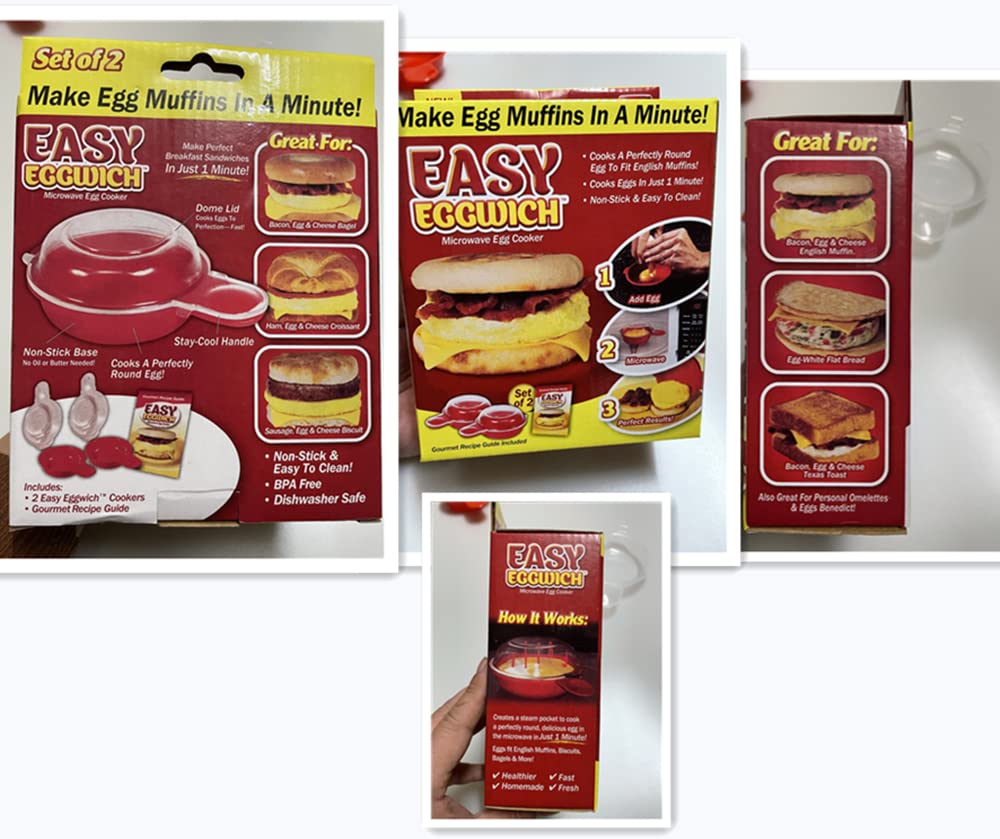 Microwave Egg Cooker, Nonstick Easy Eggwish, Egg Poacher for Breakfast Cheese Hamburg Sandwich Pancake Omelet Egg Patty, Pod & Muffins - As Seen On TV - 2 set in a box, Red & Clear