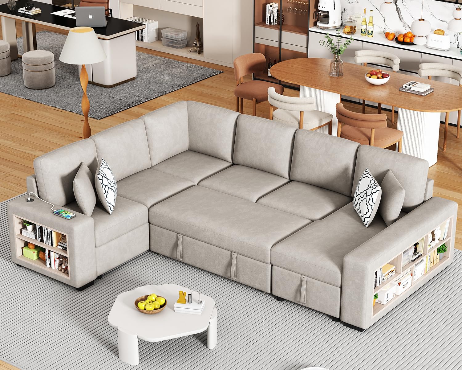 Taiweny U Shaped Oversized Sectional Sofa Couch with Cabinet, 109" 7 Seat Sectional Sleeper Sofa Bed with Storage Chaise & USB, Modular Sectional Sleeper Sofa with Pull Out Bed for Living Room Beige
