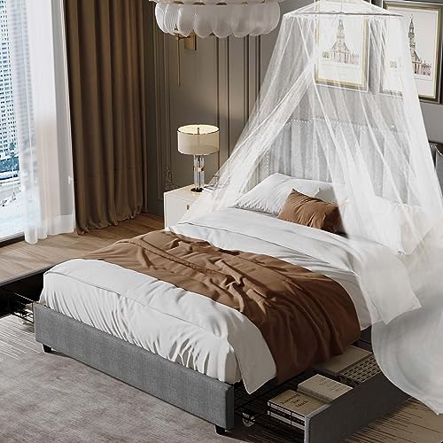 Queen Size Linen Upholstered Platform Bed Frame with 2 Big Drawers, Modern Rivets Design Platform Bed with Stitched Padded Headboard & Wood Slats Support for Bedroom, No Box Spring Needed (Grey)