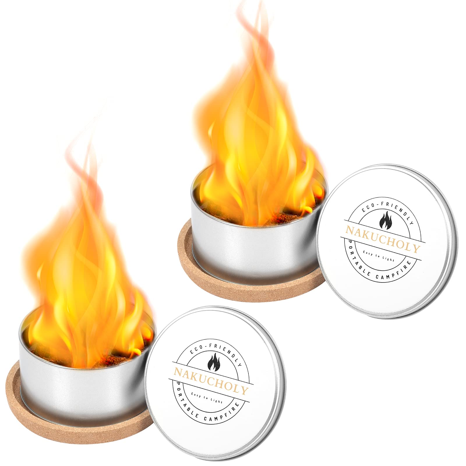 Nakucholy Portable Campfire - Outdoor Bonfire for S'Mores, Portable Fire Pit, 3-5 Hour of Warm Burn Time for Camping, Picnics, Convenient No Wood No Embers, Cork Pad Included, 2 Pack