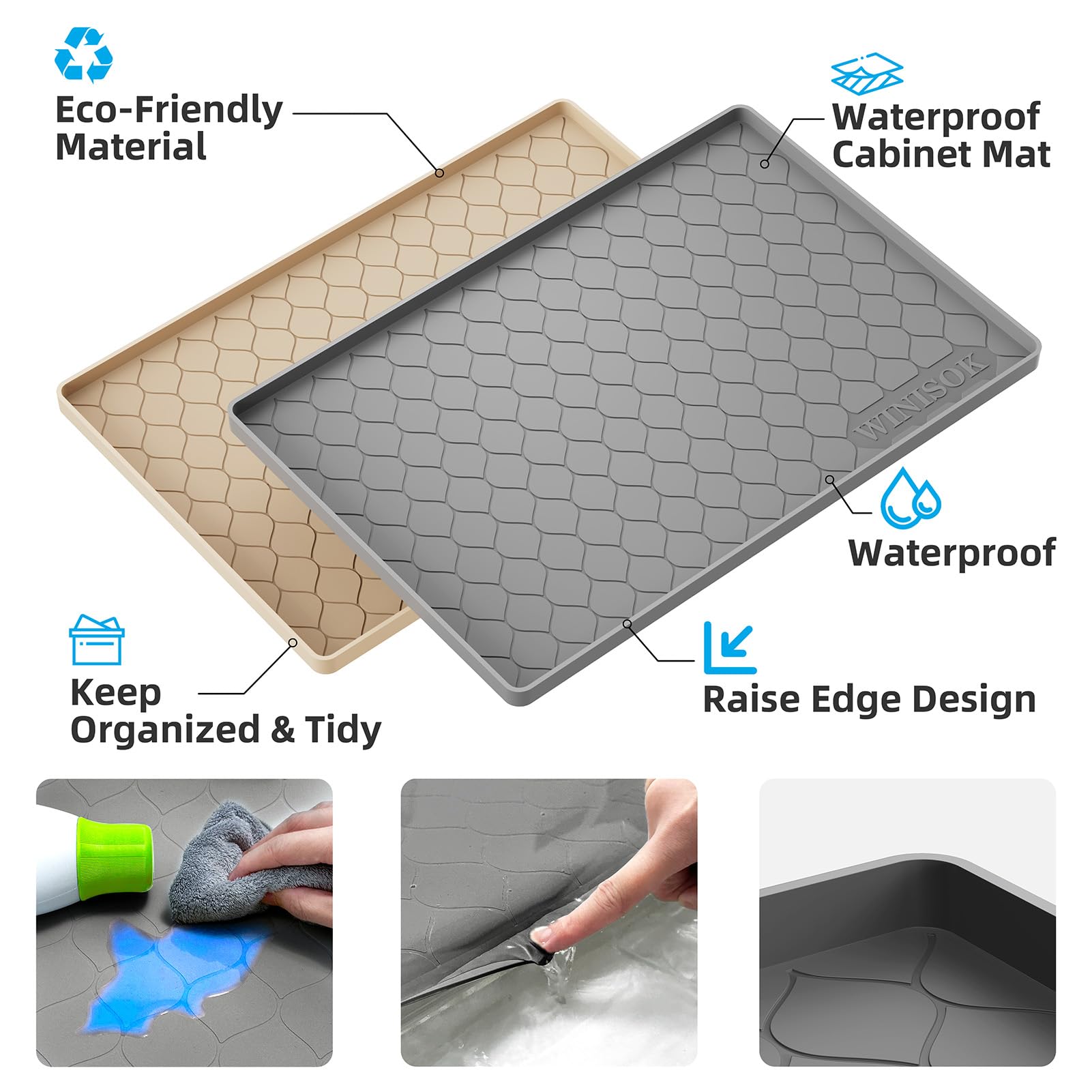 Winisok Waterproof Under Sink Mat -34β x 22β Cabinet Liner for Kitchen & Bathroom, Shelf Protector Silicone Under Sink Tray, Kitchen Cabinet Organizers and Storage Sink Drip Tray