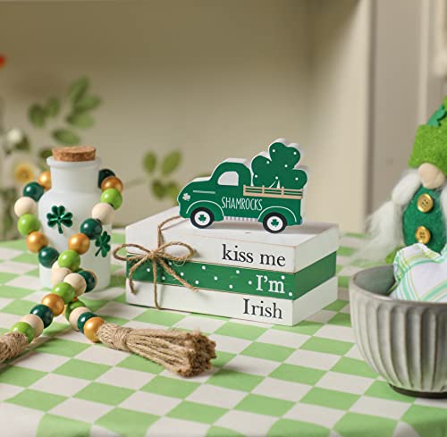 St. Patrick's Day Tiered Tray Decor, 1 St. Patrick's Wood Book Stack, 1 Bead Garland, I’m Irish Shamrock Mini Faux Decorative Books Bundle, Farmhouse St. Patrick's Party Table Mantle Decor
