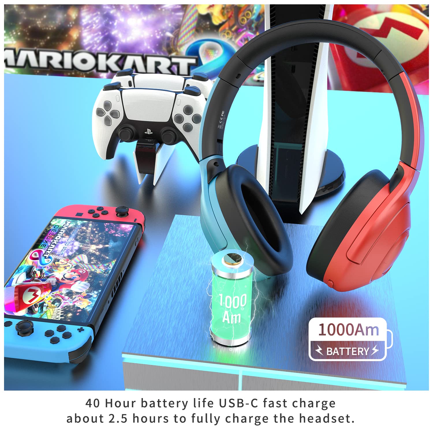 LETTON L15 Wireless Gaming Mobile Headset with Noise Cancelling Mic, 2.4GHz Wireless+Bluetooth+Wired Stereo Headphones for PC, PS5, PS4, Nintendo Switch, 40 Hr Playtime, 7.1 Surround Sound(Blue Red)