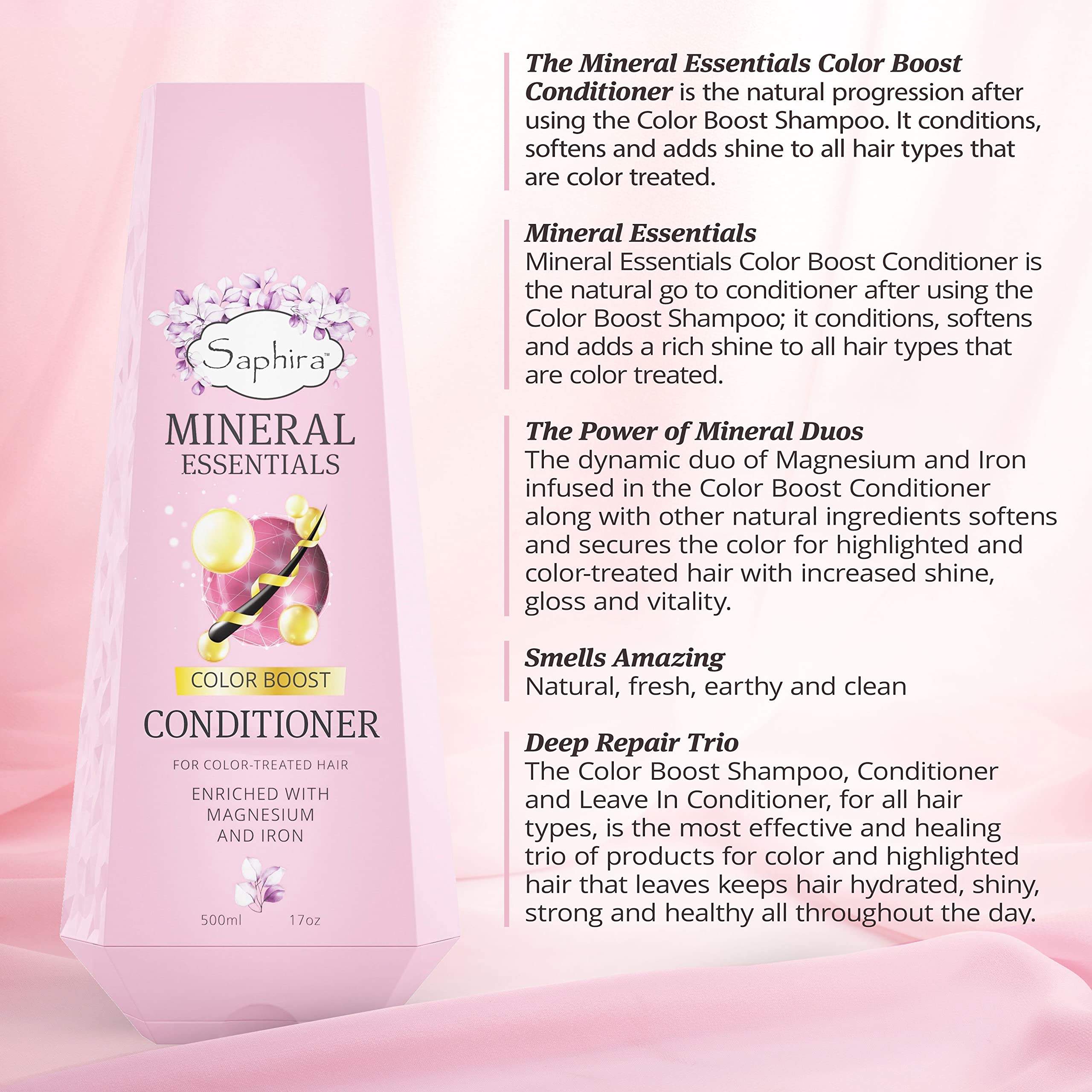 SAPHIRA MINERAL ESSENTIALS Color Boost Shampoo, Conditioner, and Leave-In Conditioner Bundle for Color-Treated Hair, Restores, Revives and Protects Dyed Hair