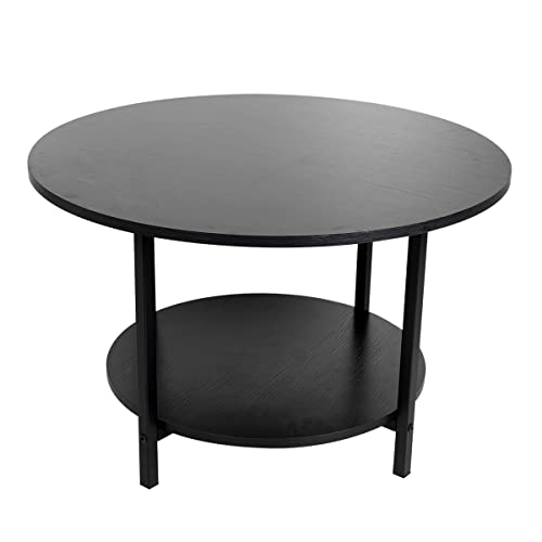 TOYSINTHEBOX Round Coffee Tables, Accent Table Sofa Table Tea Table with Storage 2-Tier for Living Room, Office Desk, Balcony, Wood Desktop and Metal Legs, Black 27.6 Inches
