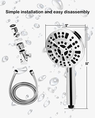 NIKISHAP 10-Mode Shower Head with High Pressure, Polished Finish, Handheld Design, Adjustable Bracket, 5 Ft Hose, and Built-in Power Wash to Clean Tub, Tile, and Pets