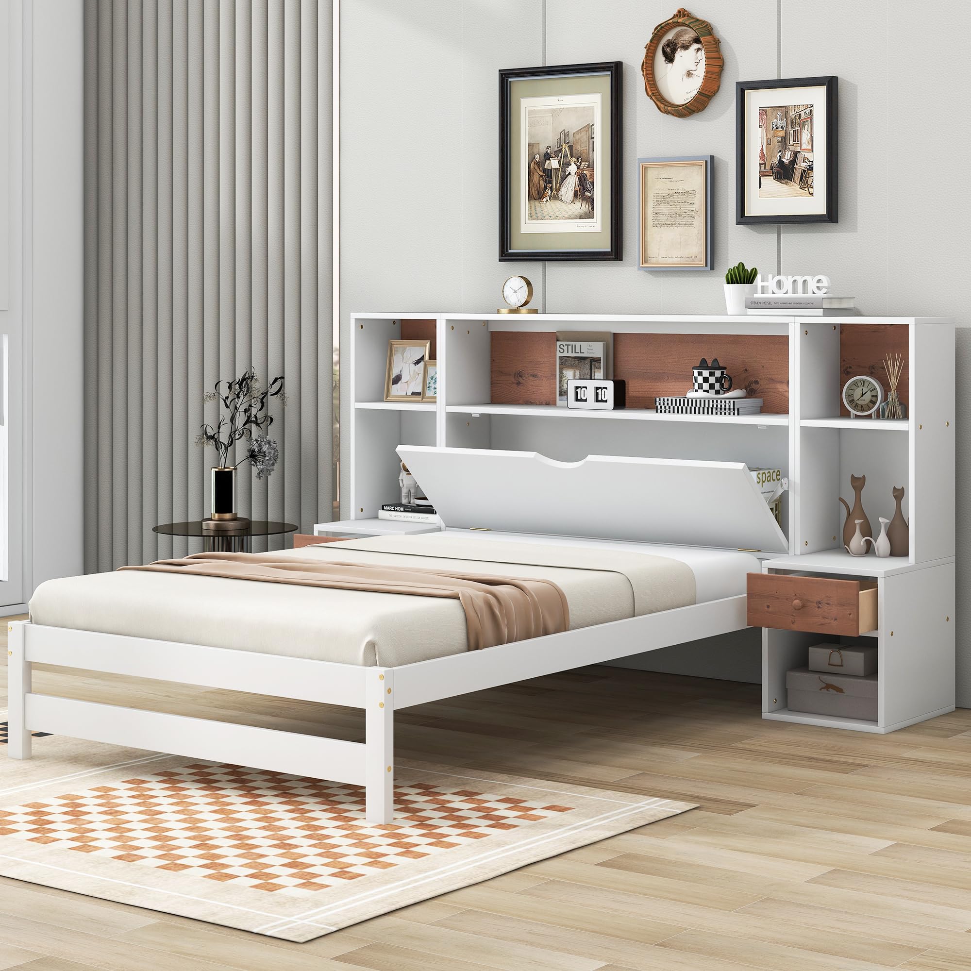 Twin Bed Frame with Storage Headboard and Drawers, Wood Twin Size Platform Bed with Flip-top Storage and Open Shelves, Twin Size Bed with Bookcase and Built in Nightstands, White (Twin)