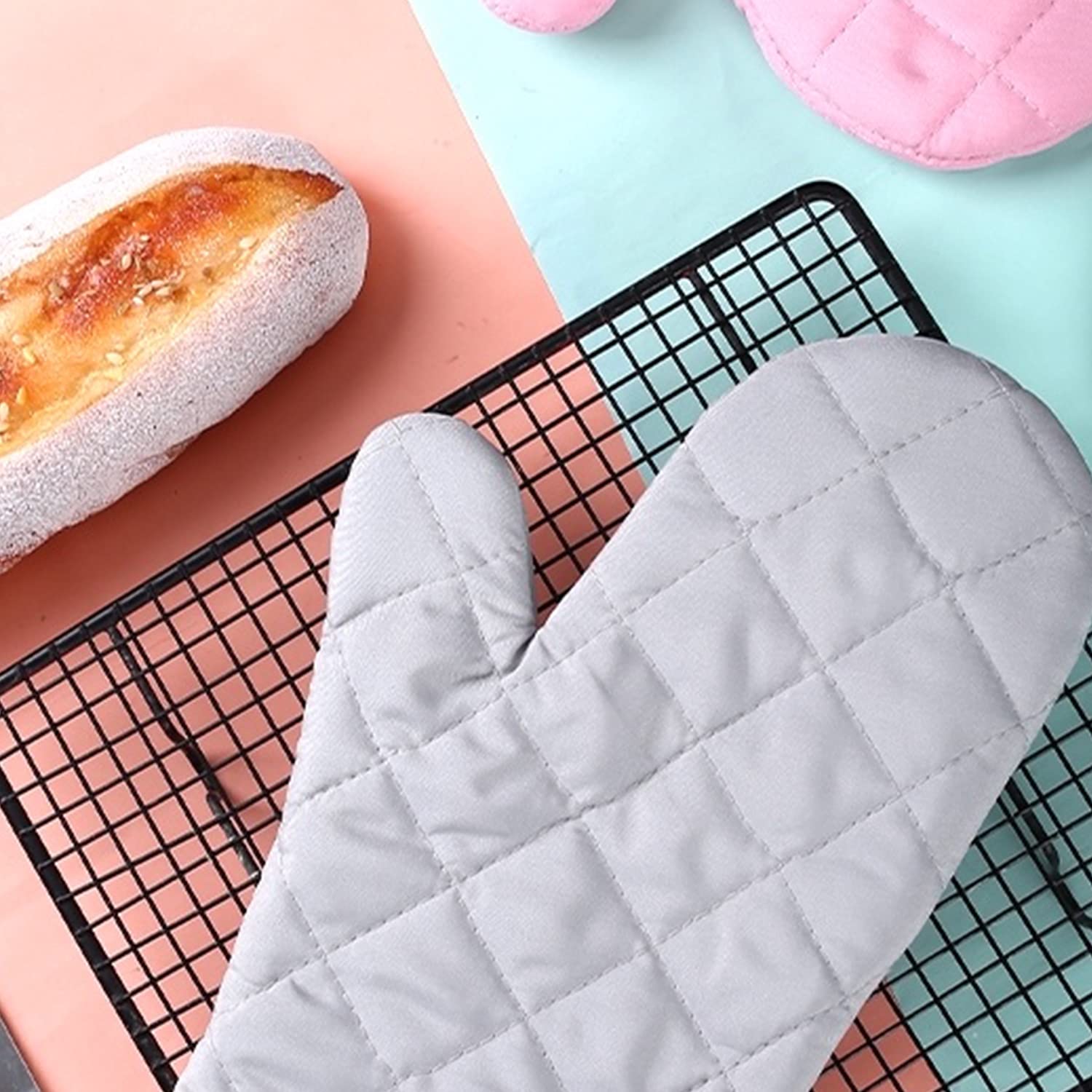 Kitchen Oven Mitts Heat Resistant Gloves Cotton Premium Non-Slip (Pink)
