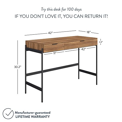 Nathan James Sophie Solid Computer Study Table for Home Office or Writing Desk with Drawers for Storage and Modern Metal Frame with Rustic Wood Top, Light Walnut/Black