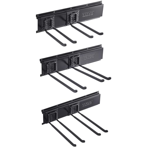 VEVOR Garage Tool Organizer, 600 lbs Max Load Capacity, Wall Mount Yard Garden Storage Rack Organization Heavy Duty with 6 Adjustable Hooks and 3 Rails, for Garden Tools, Shovels, Trimmers, and Hoses