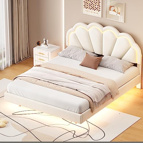 Queen Upholstered Smart LED Bed Frame with Elegant Flowers Headboard,Wooden Slats Support, Floating Velvet Platform Bed for Kids (Beige/Flower2)