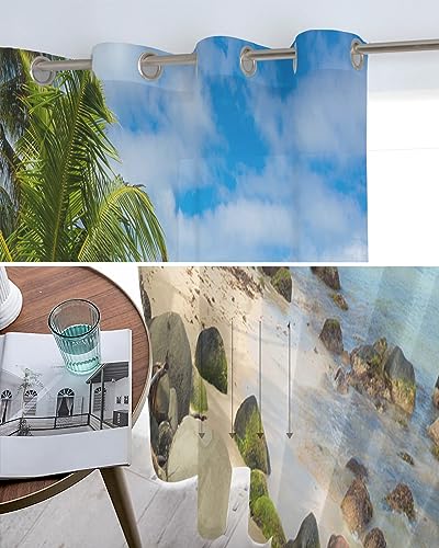 Sheer Curtains 1 Panel,Palm Tree Beach Sea Cloud Blue Sky Island Reef Stone Chiffon Window Treatment Grommet Semi Transparent Drapery for Kitchen Bedroom Decorations,52x96 Inch