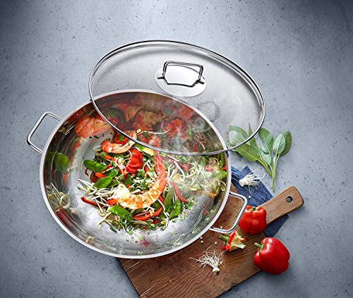 WMF Macao Induction Wok Set, 2 Pieces, Wok Pan 36 cm with Glass Lid, Polished Cromargan Stainless Steel, Uncoated