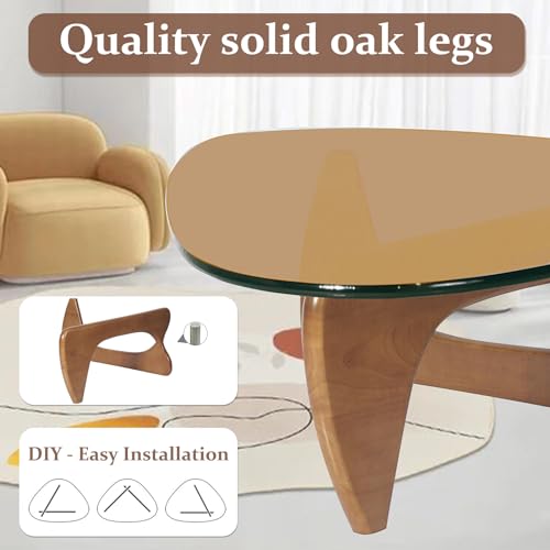 Triangle Glass Coffee Table-Mid-Century Modern End Table Solid Wood Base and Vintage Tempered Transparent Glass Top Coffee Tables Living Room Balcony (Walnut/Brown, Small 32.2 * 22.4 * 16in)