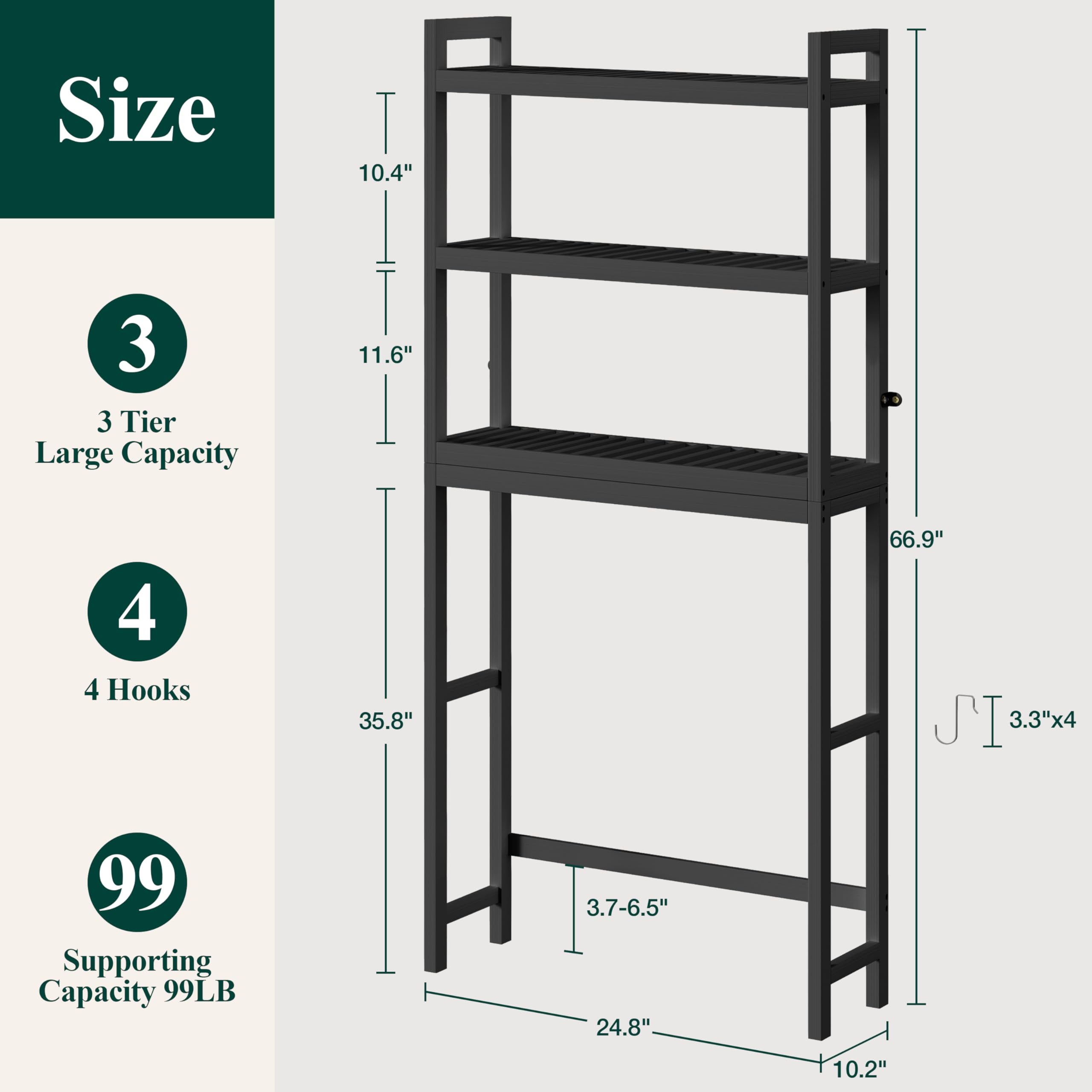 Smiry Over The Toilet Storage, Bamboo 3-Tier Over Toilet Bathroom Organizer with Adjustable Shelf, Fit Most Toilets, Space Saving, Stable Freestanding Storage Cabinet with 4 Hooks, Black