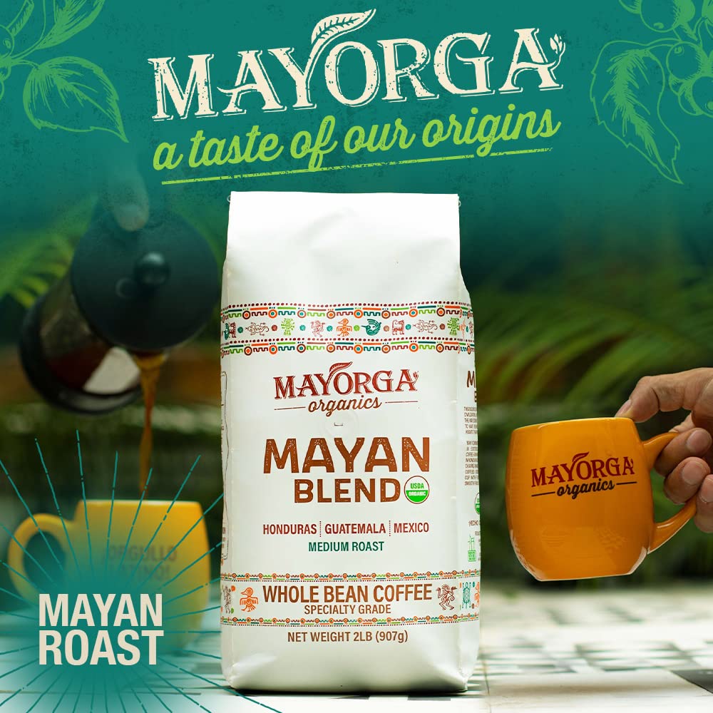 Mayorga Medium Roast Whole Bean Coffee, 2 lb bag - Mayan Blend Organic Coffee Roast - Direct Trade, Specialty Grade, Non-GMO 100% Arabica Coffee Beans