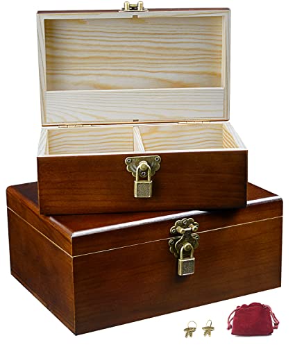 Wooden Storage Box Decorative Boxes with Lock and Keys Set of 2 Large Wood Keepsake Box Case with Hinged Lids Memory Gift Box Vintage Treasure Chest for Jewelry Trinket Stash Box Crate Trunk Organizer