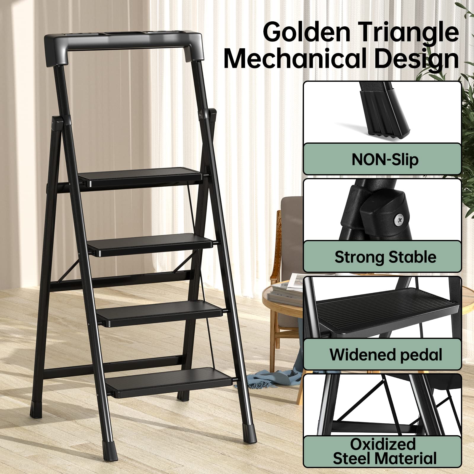 ZXMOTO 4 Step Ladder,Folding Step Stool with Tool Tray 300 lb Capacity, Sturdy Lightweight Aluminum, Portable Step Ladder Stool for Home, Library, Office, Garage